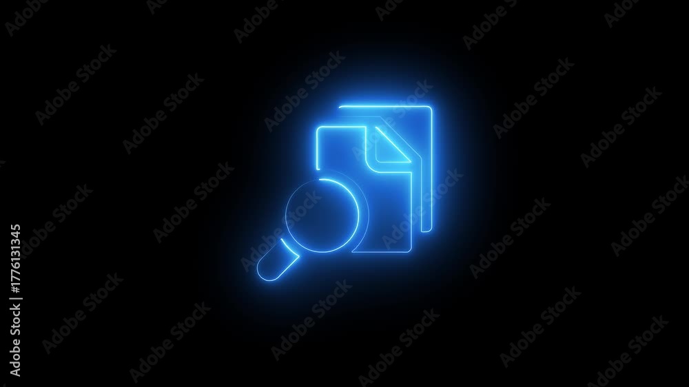 Neon research icon animation - document and magnifying glass. digital ...