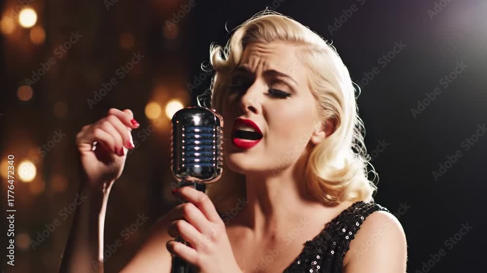 Elegant female singer with retro hairstyle and makeup passionately ...