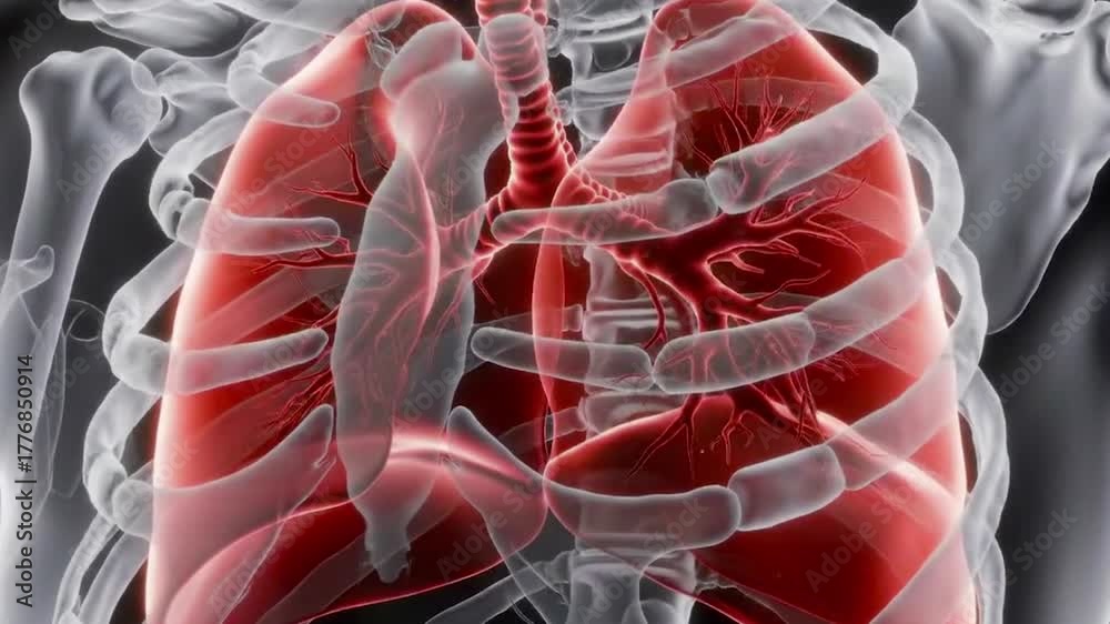 Illustration showing the lungs and rib cage with a focus on the ...