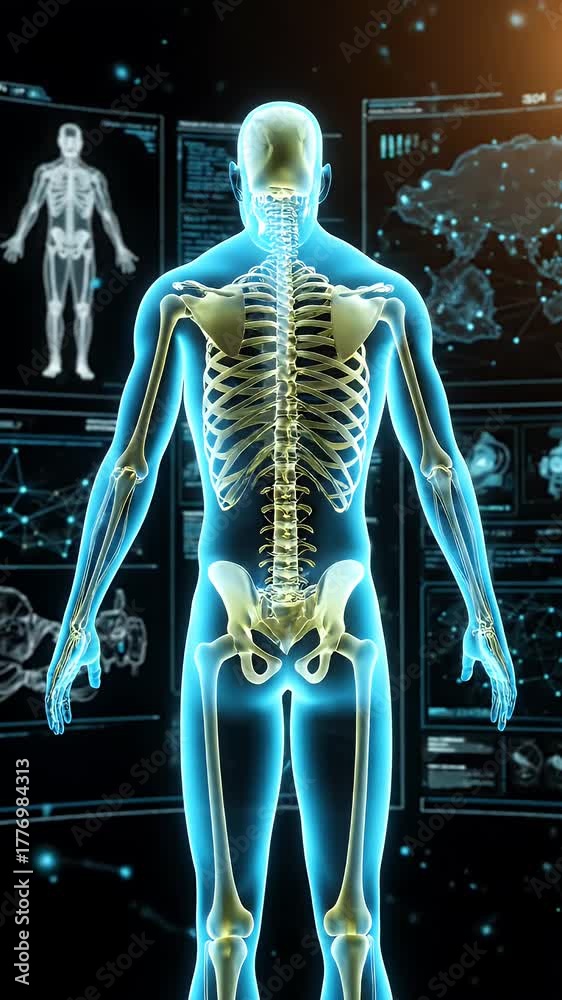 Detailed Animation of Human Skeletal System with Blue Outline Against ...