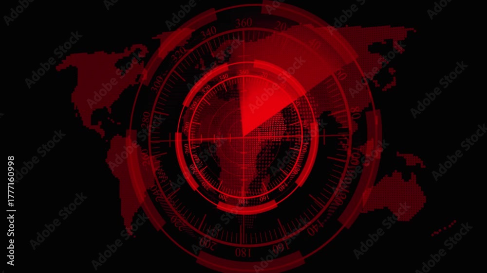 High-tech red radar interface layered on digital world map showing ...