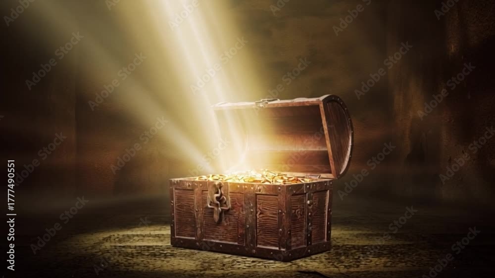 Ancient wooden treasure chest opening with magical golden light rays ...