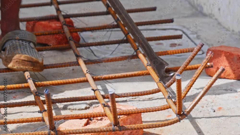 worker using steel bar bending lever to bend rebar for footing mat. day ...