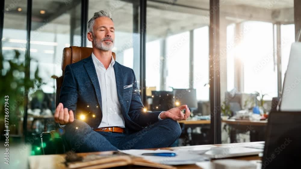 Senior professional meditating in an open office, windows to the city ...