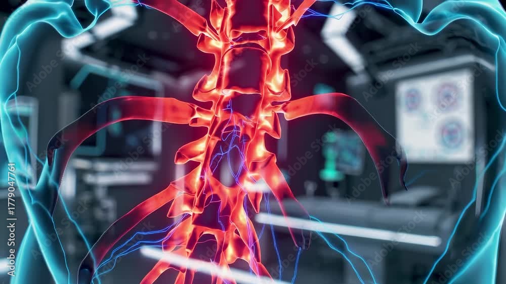 Blue glowing spine model connected to neural diagnostic system. Human ...