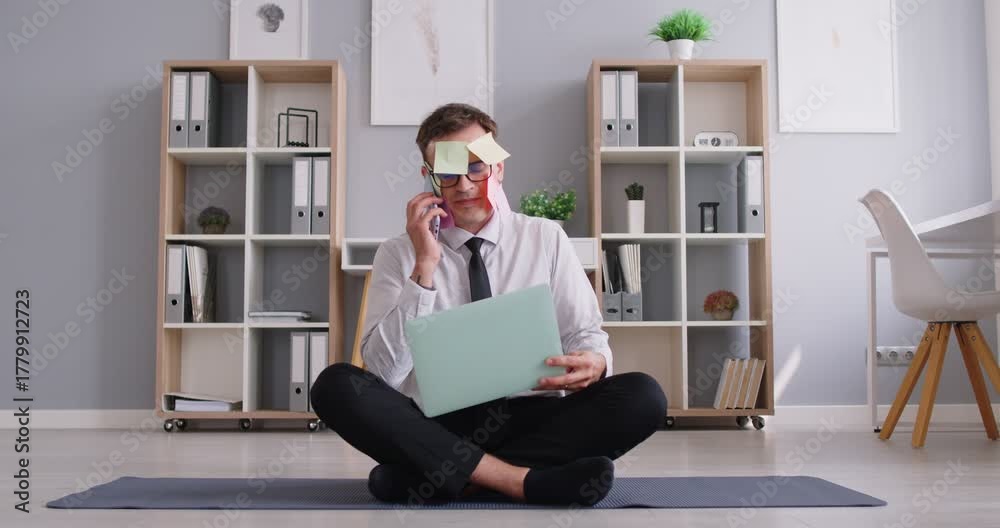 Multitasker man with sticky notes stuck on the face busy to perform ...