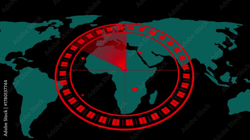 World Map Overlayed with Red Radar Scan and Targets detection tracking ...