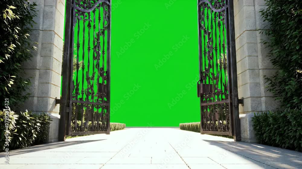 Video „Ornate Black Metal Estate Gates Open To Bright Green Screen ...