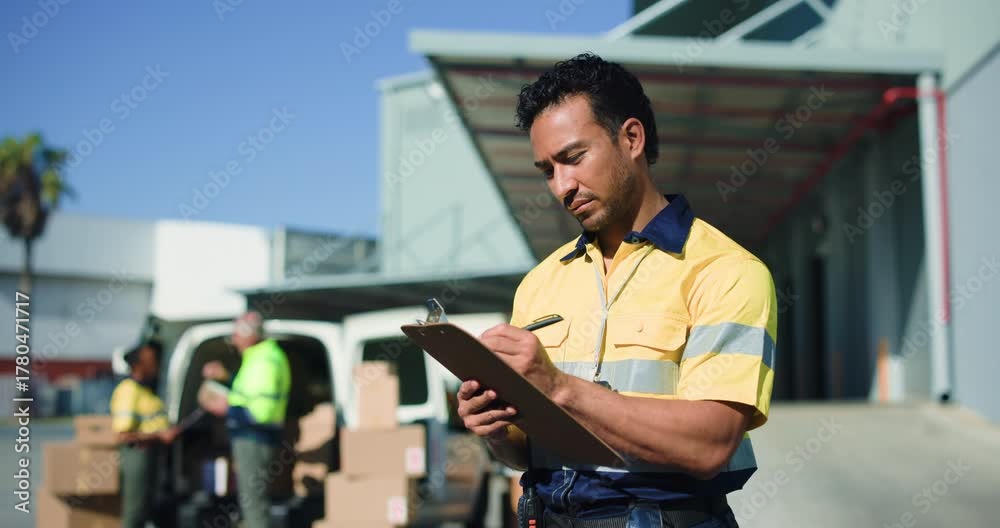 Logistics, man and courier writing on checklist for delivery schedule ...