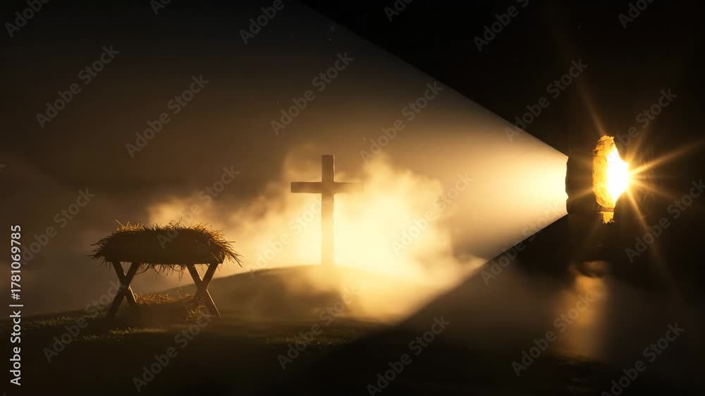Empty manger and cross on a hill, with light emanating from an empty ...