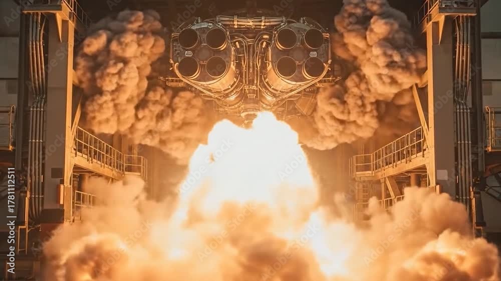 Rocket engine test firing powerful propulsion in industrial facility ...