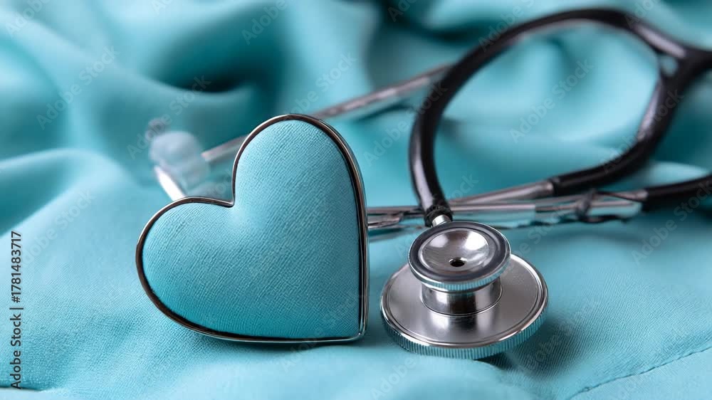 Stethoscope and Blue Heart Symbol on Light Blue Medical Fabric ...