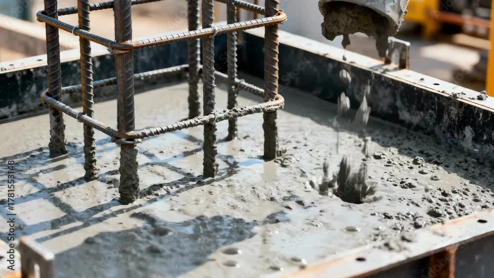 Concrete pouring into a tower base mold with steel rebar structure ...