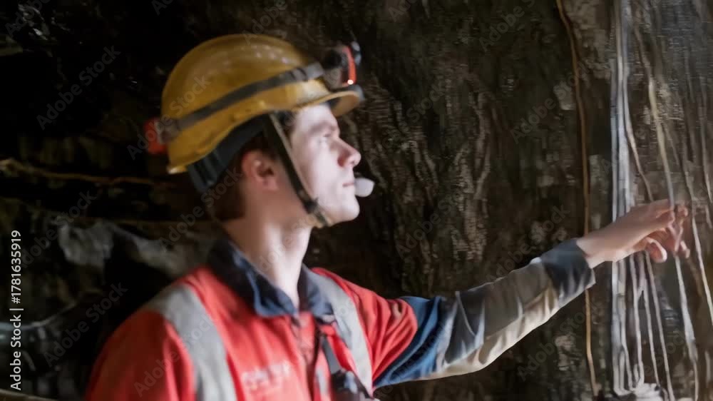 Engineer using surveying equipment on an underground mining tunnel ...