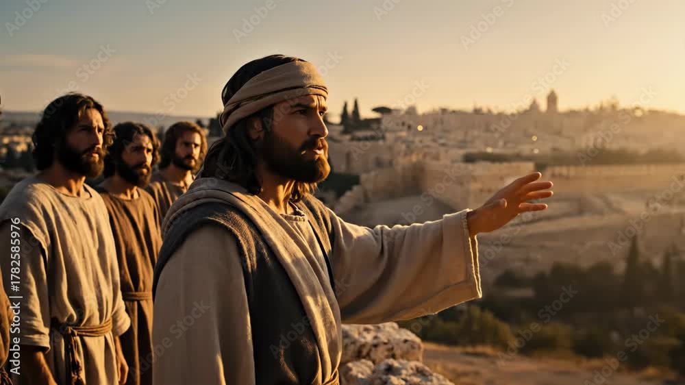 Jesus teaching disciples, indicating Jerusalem walls with hand, sermon ...
