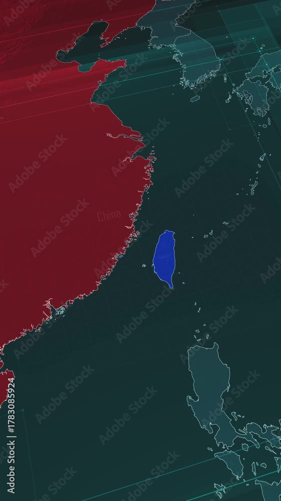 Vertical portrait, zoom in to the map of Taiwan Strait between China ...