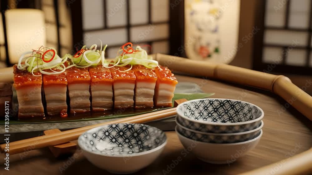 Crispy pork belly, Chinese cuisine. Sliced pork belly on display, food ...