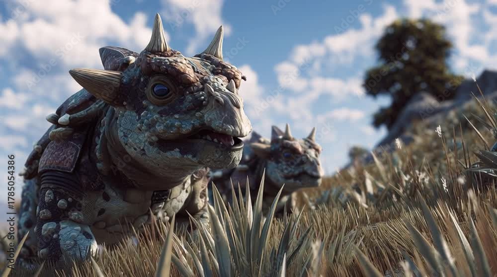 wildlife scene depicting fauna of a high-gravity planet, featuring ...