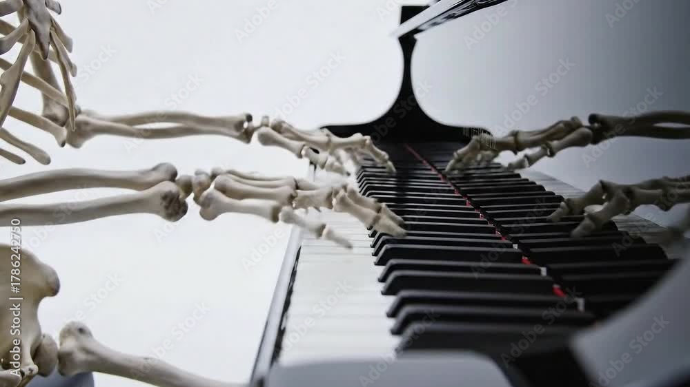 Skeleton hands playing a grand piano. The image captures the skeletal ...