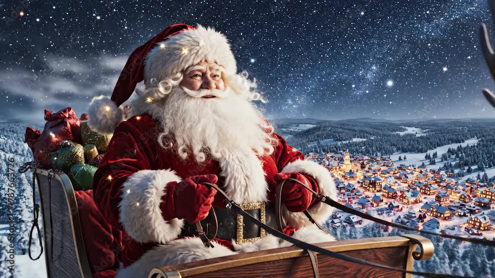 Santa Claus flying through the night sky in a sleigh pulled by reindeer ...