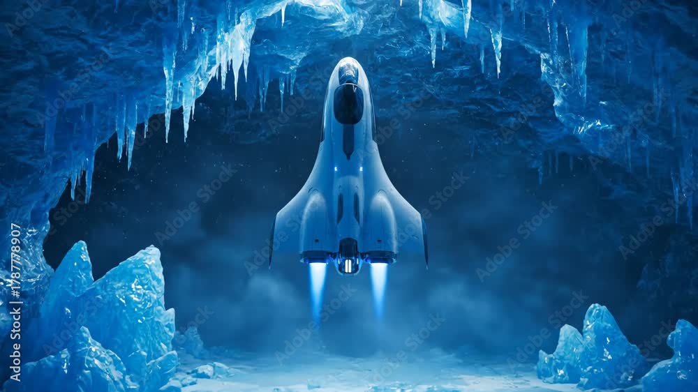 Spaceship making a controlled vertical landing inside a glowing blue ...