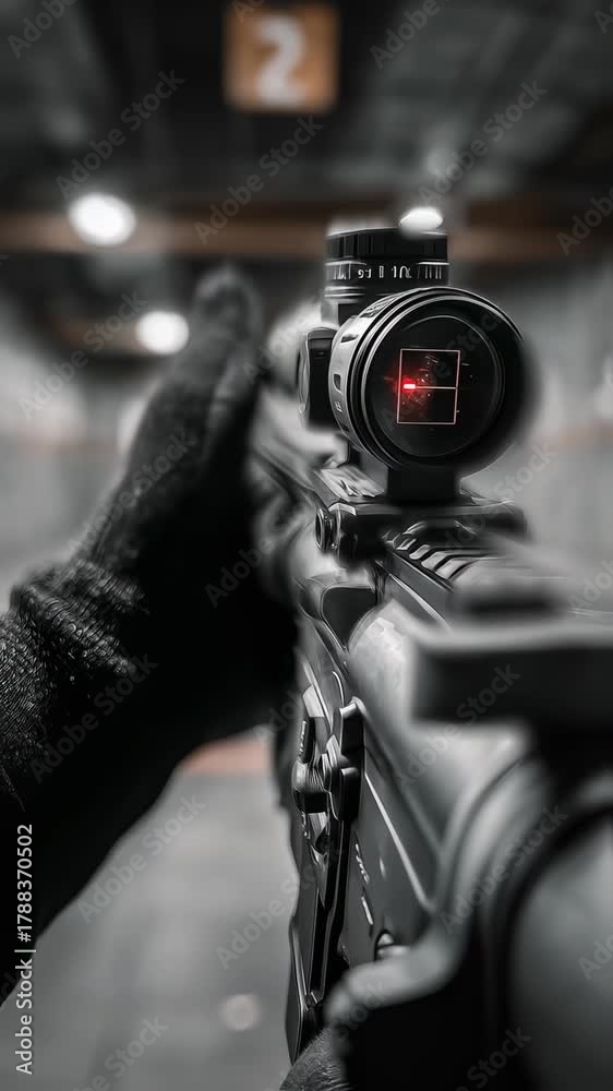 First person view of a soldier wearing gloves aiming an assault rifle ...