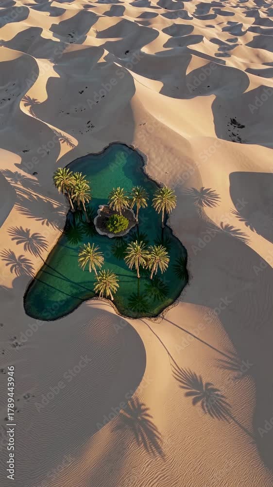 Aerial view of a serene desert oasis with palm trees casting long ...