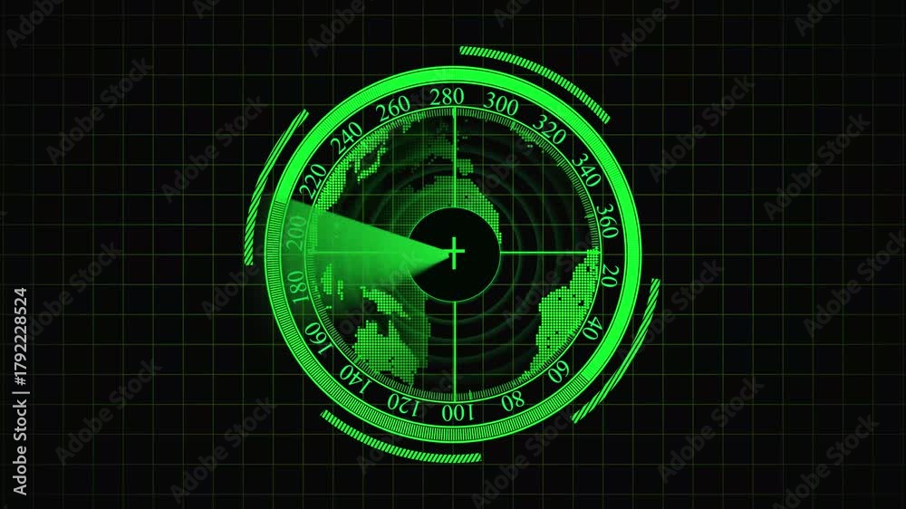 Green Radar Screen with Earth Map and Scanning Beam on Grid display ...