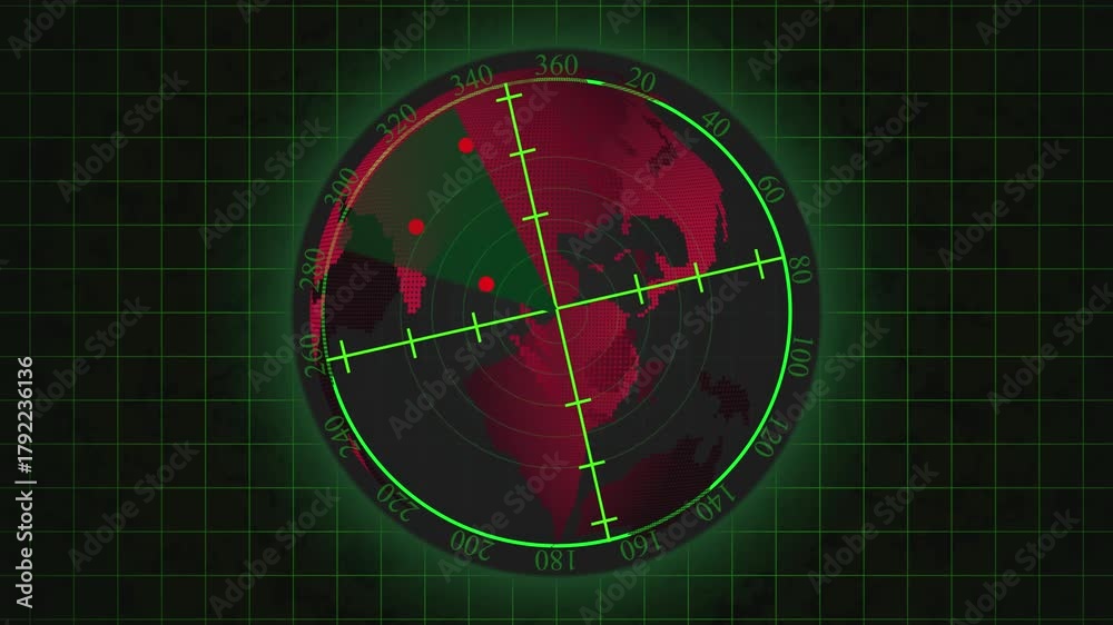 Vídeo do Stock: Radar Screen Showing a Red World Map with Degrees and a ...