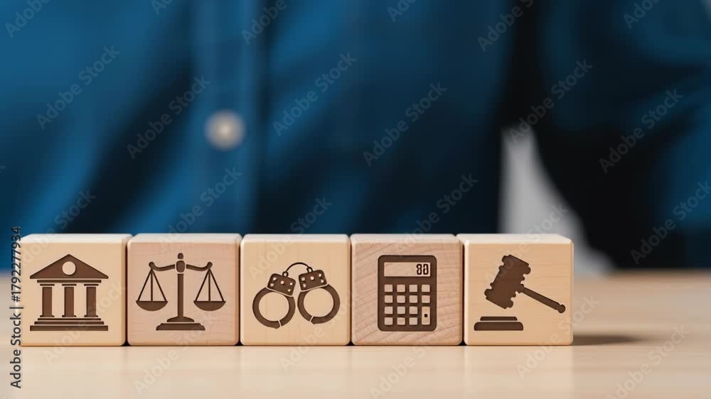 Wooden blocks with courthouse scale handcuffs calculator gavel icons ...