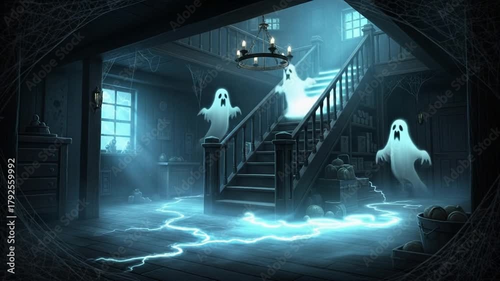 Spooky Haunted House with Ghosts and Eerie Blue Light Effects on ...