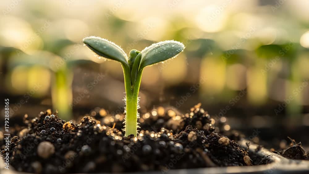 seed seedling sprout emerge from soil during germination. water and dew ...