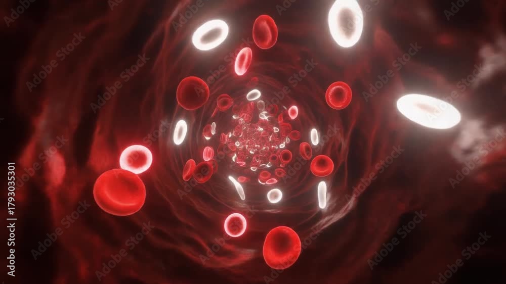 Microscopic view of red and white blood cells flowing through a human ...