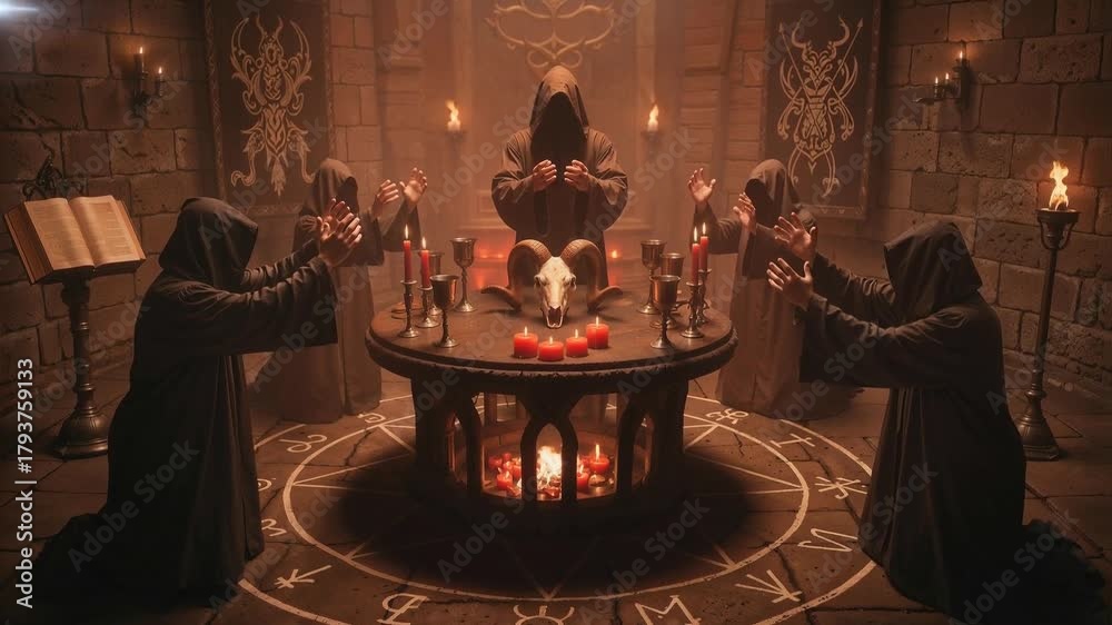 Hooded figures performing dark occult ritual around illuminated ...