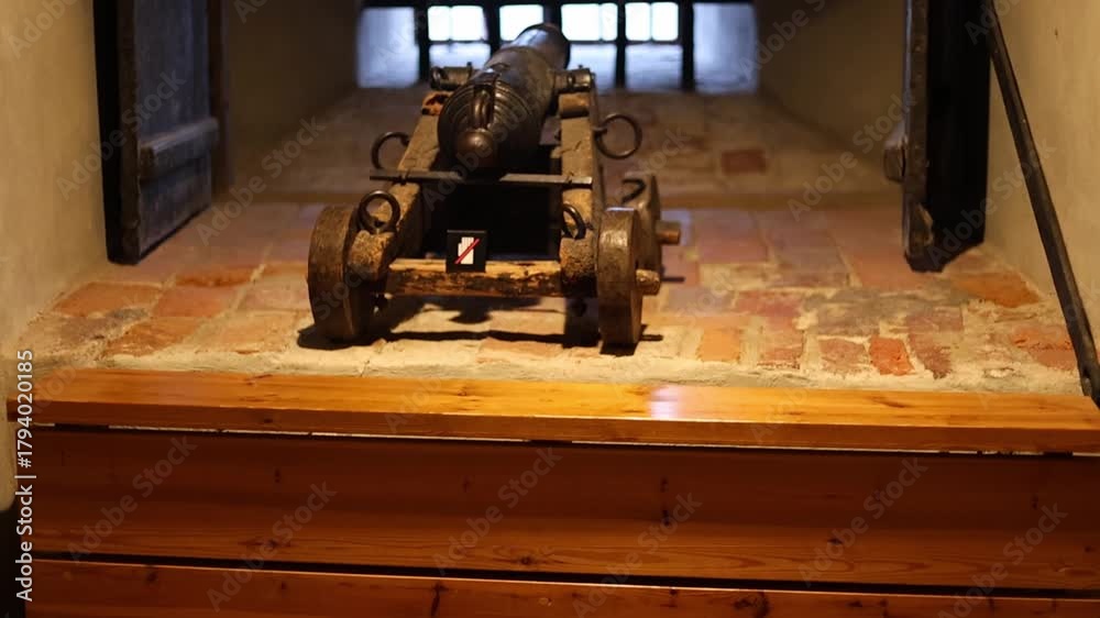 Dark stone prison inside a medieval castle, rusty bars, chains, and ...