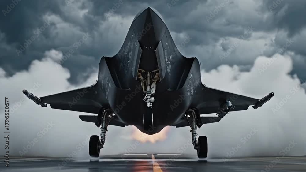 A powerful F-35 Lightning II fighter jet taking off from a runway, head ...