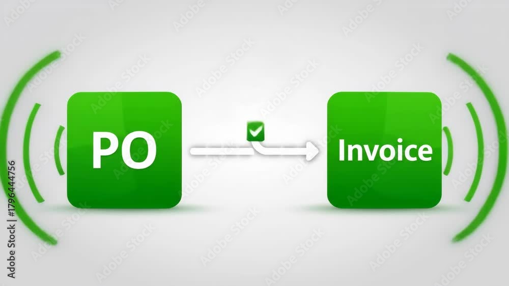 2D UI animation of 'PO' and 'Invoice' tiles connecting, turning green ...