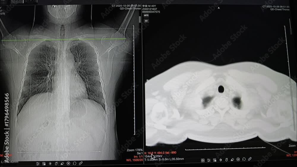 Two axial computed tomography (CT) scans of the upper chest and neck ...