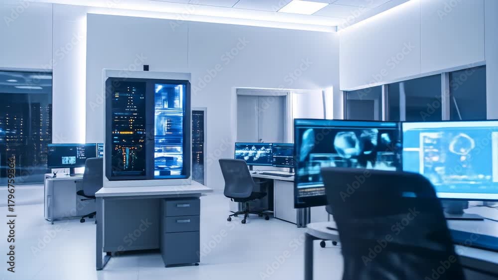 Modern Data Center Server Room with Glowing Blue Lights and Multiple ...