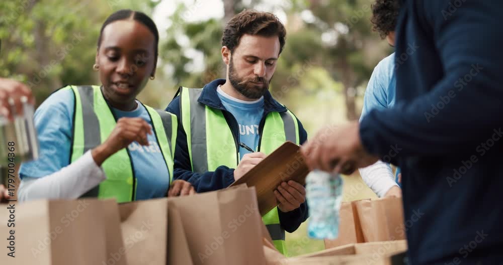 Packing, food drive and volunteers with boxes outdoor for nonprofit ...