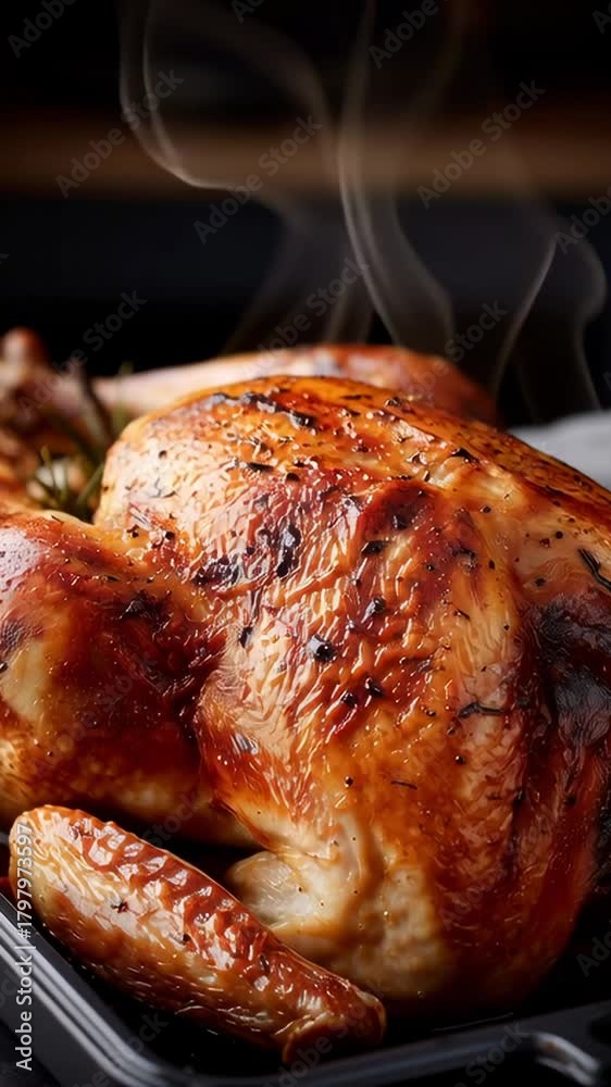 Video Stock A large roasted turkey is sitting on a black tray. The ...