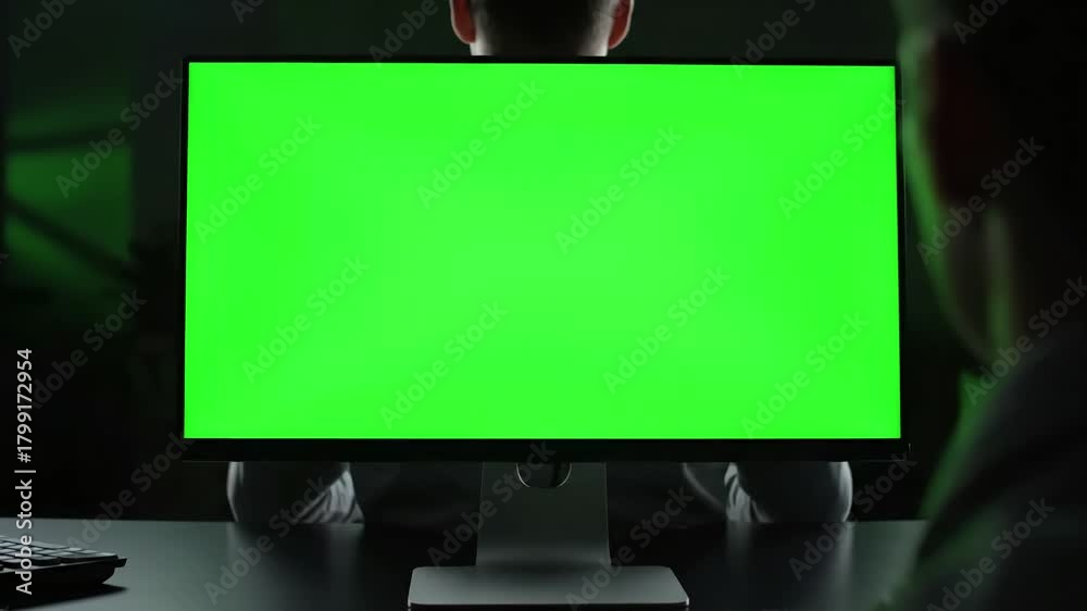 Green Screen close up of monitor in office employee working at computer ...