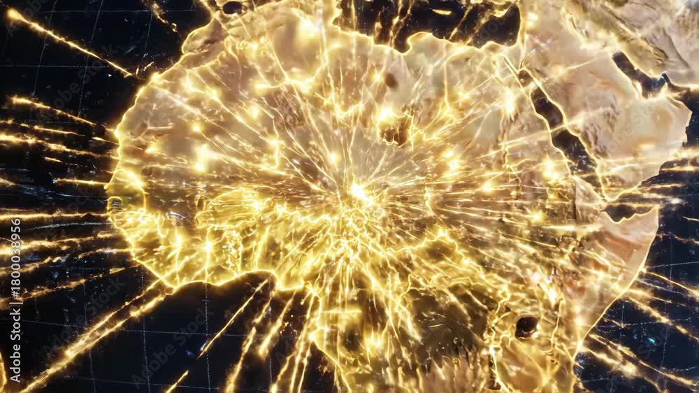 Golden Africa Map with Light Streaks - A close-up video shows an ...