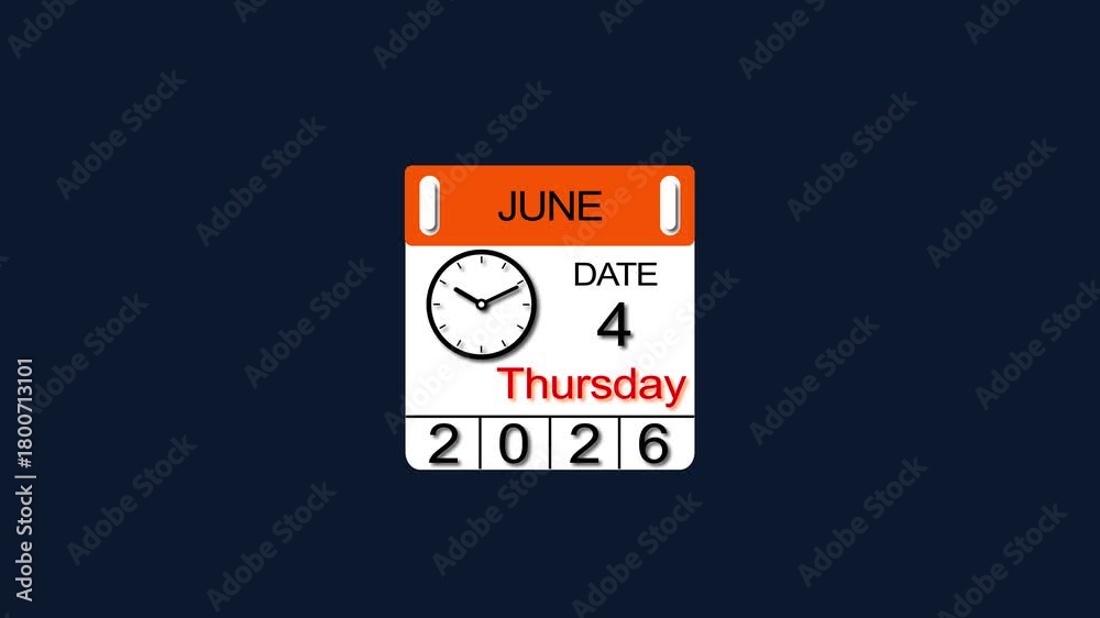 June month Thursday 4 date calendar animation. 2026 calendar and ...