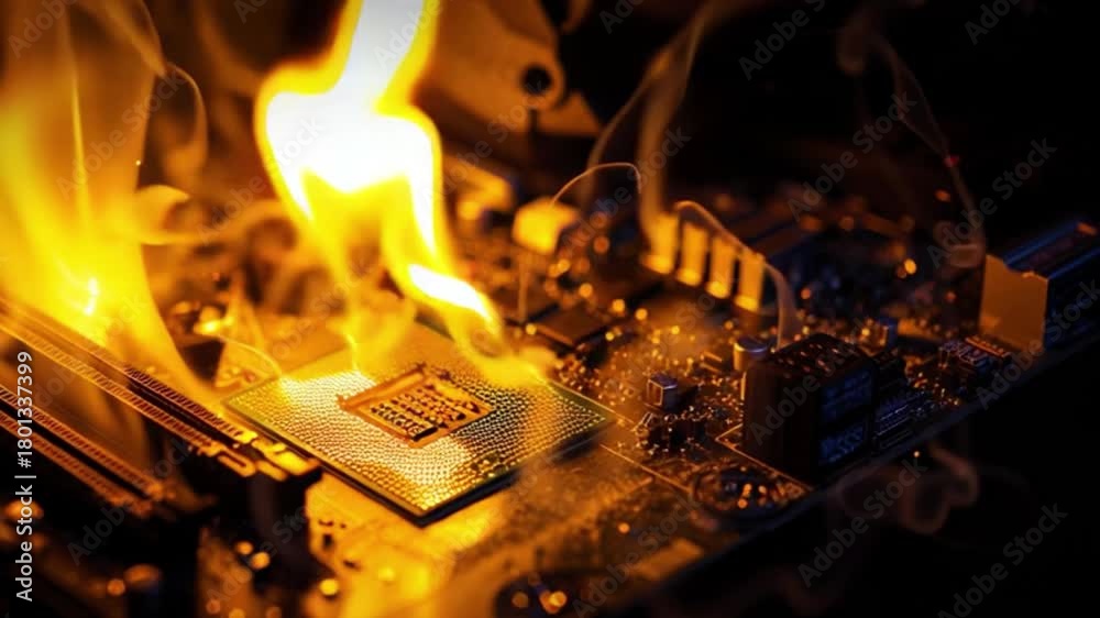 Burning computer motherboard with flames rising over overheated CPU ...