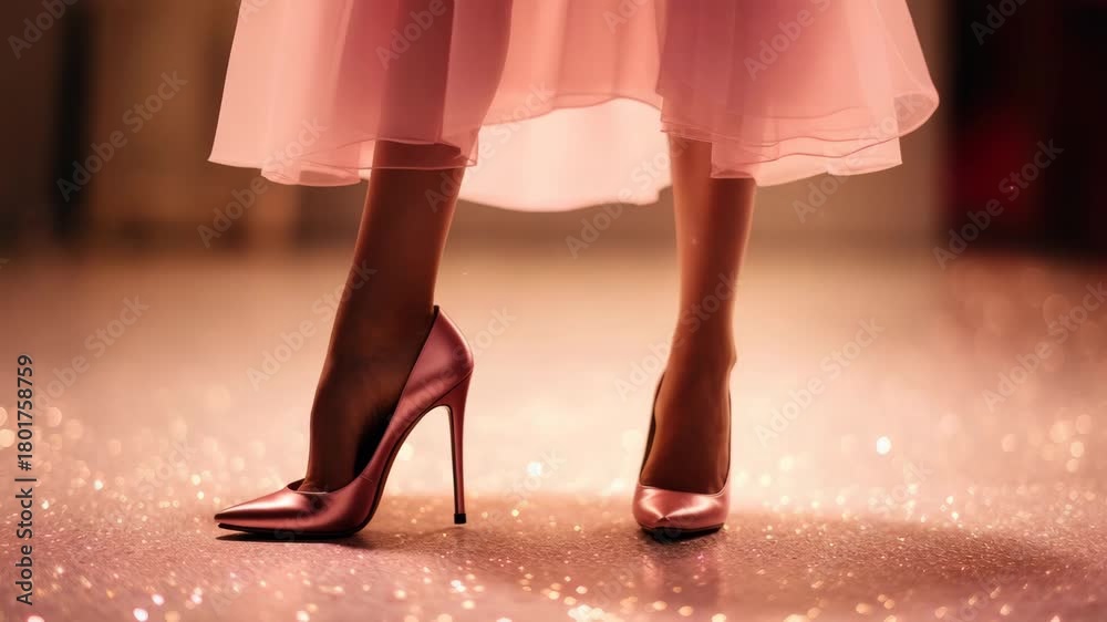 beautiful woman legs in pink glitter high heels close up animation ...