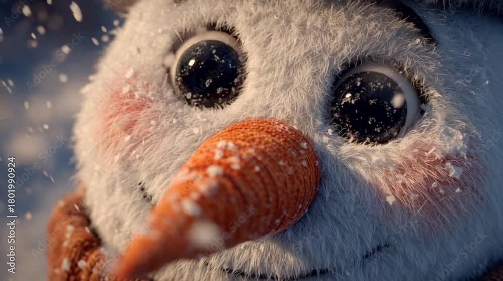 Adorable fuzzy snowman face with a carrot nose and sparkling eyes ...