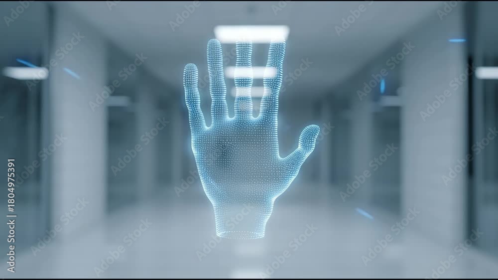 A hand is projected onto a wall in a hallway. Concept of technology and ...