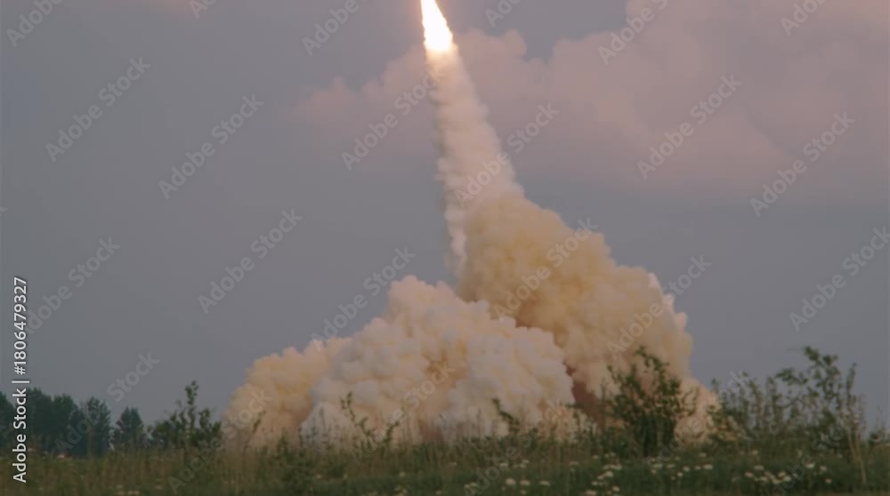 Slow rocket launch with a fuel combustion. Stage. Fumes. Field test of ...