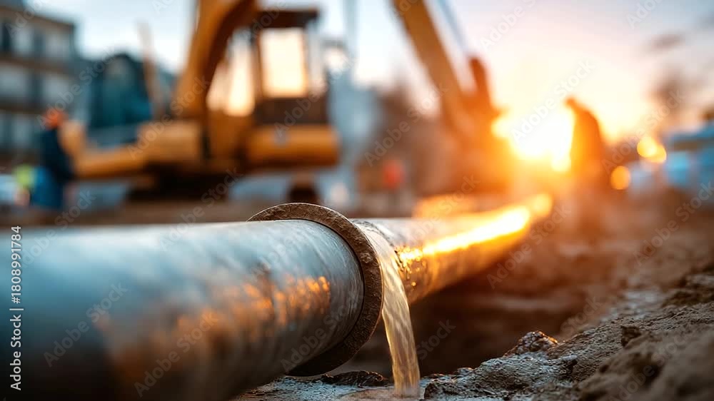Completed pipeline section with backfill in progress construction phase ...